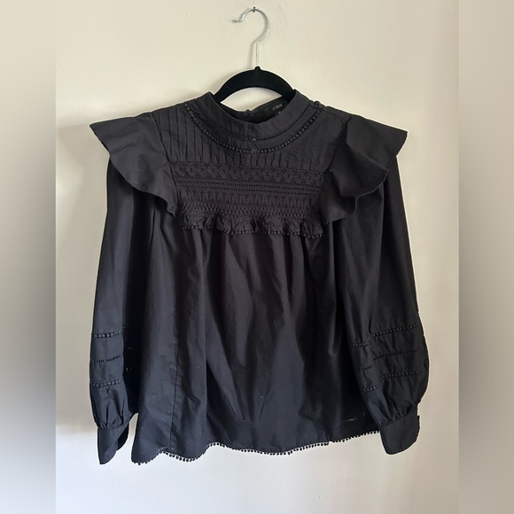 J. Crew | Tops | Jcrew Black Blouse With Crocheted And Ruffle Detail ...